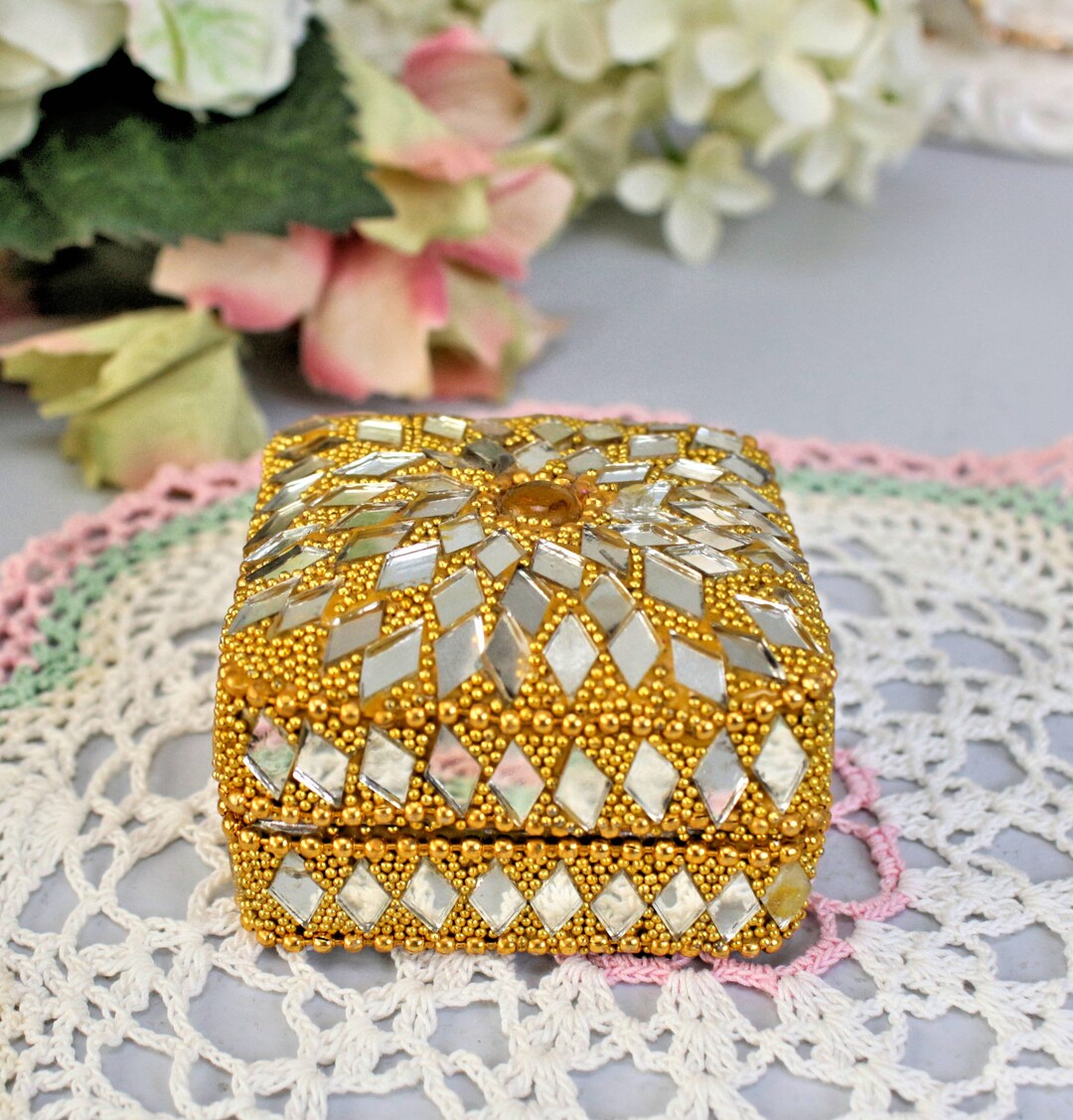 Mirrored Trinket Box: Handmade Indian Jewelry Container, Vintage - Etsy