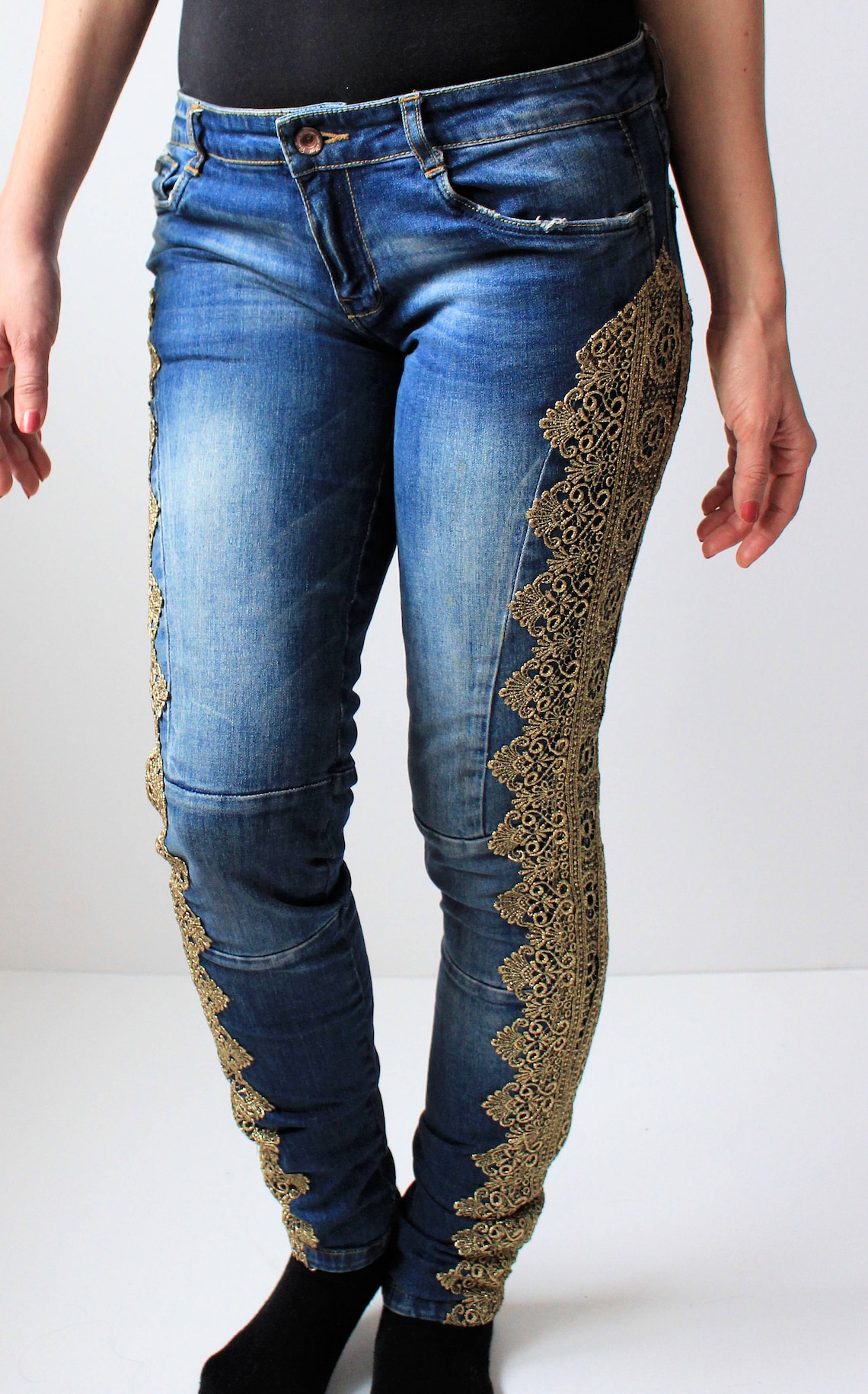 Blue Jeans Jeans & Gold Trim Gold Lace Trim Steetwear - Etsy