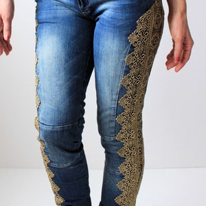 Blue Jeans, Jeans & Gold Trim, Gold Lace Trim, Steetwear, Skinny Tight ...