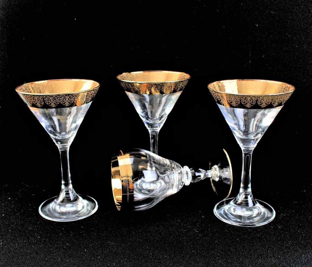 Crystal Cordial Aperitif Glasses, Encrusted 22K Gold Rim, Martini ...