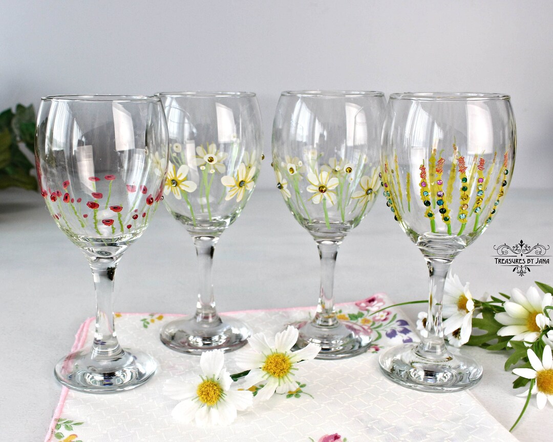 LIBBEY Crystal Hand Painted Wine Glasses W Crystals, Vintage Drinkware ...