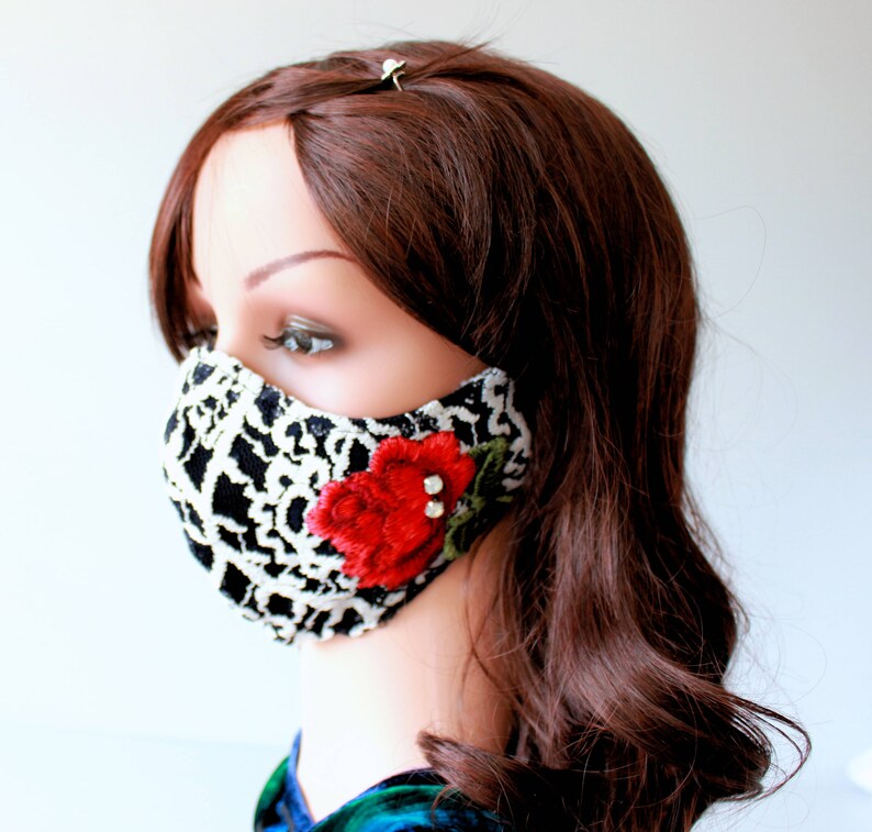 Fancy Face Mask Washable Black White Lace Mask Red Rose | Etsy