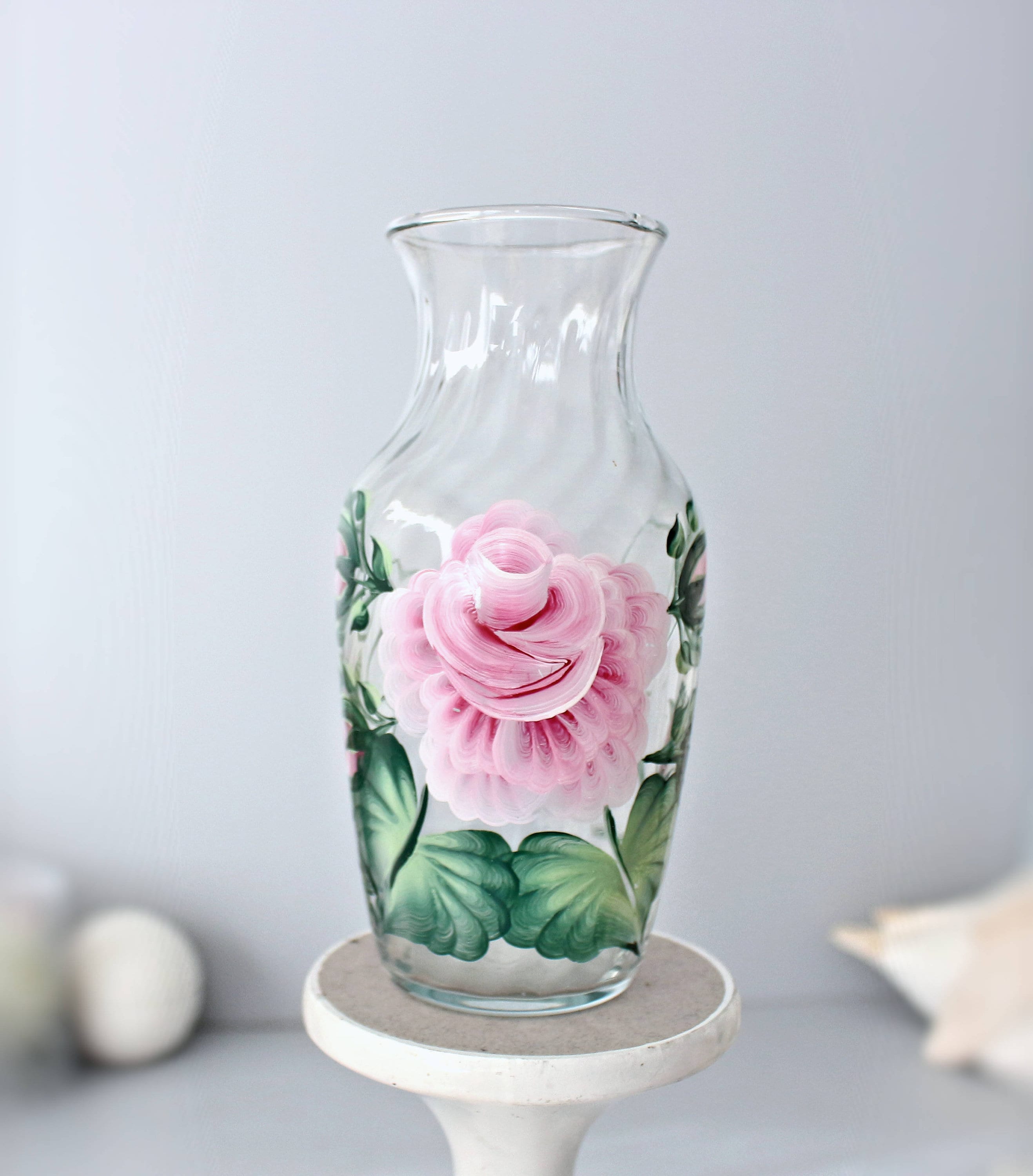 Vintage Hand Painted Vase Glass Vase Pink Roses Small | Etsy