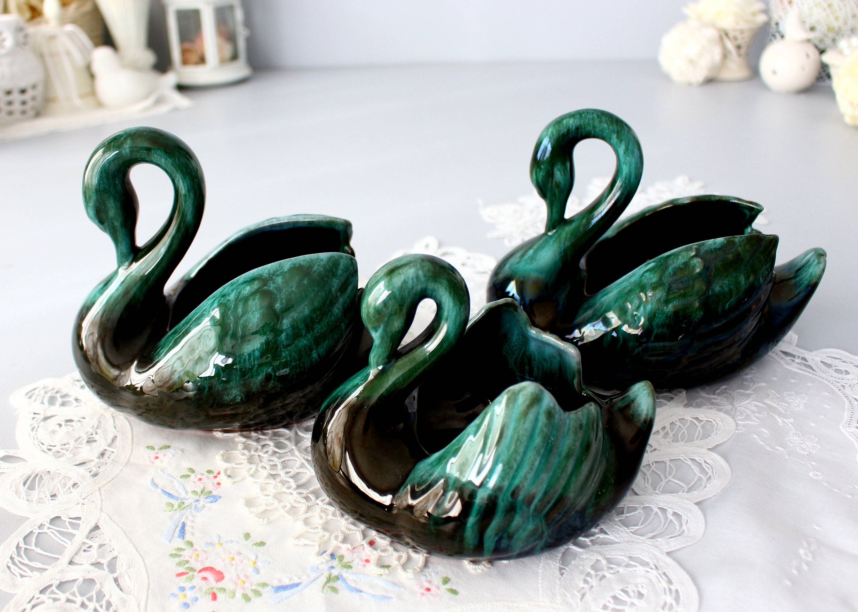 Home Décor Home & Living 2 Big Swan Figurines Blue Mountain Swans Green ...