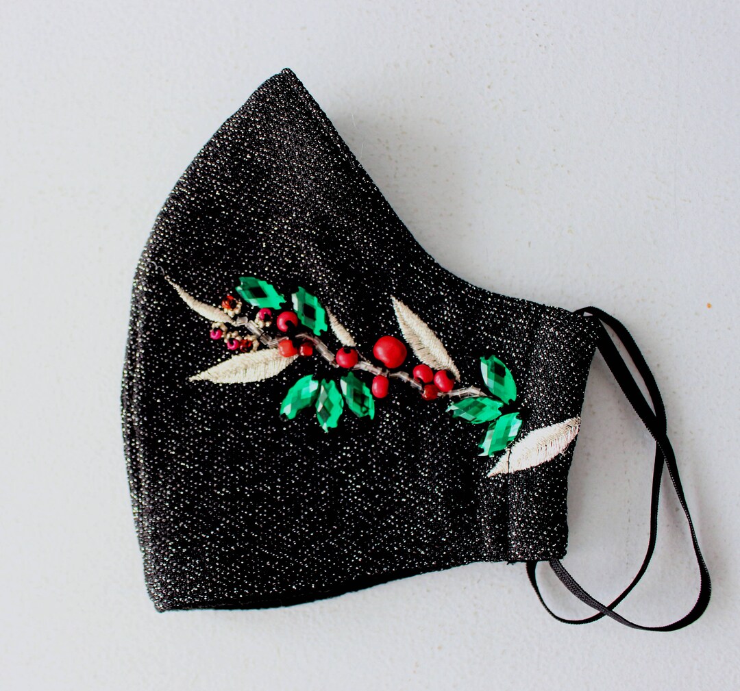 Embellished Black Face Mask: Silver Leaves, Red Beads, Green ...
