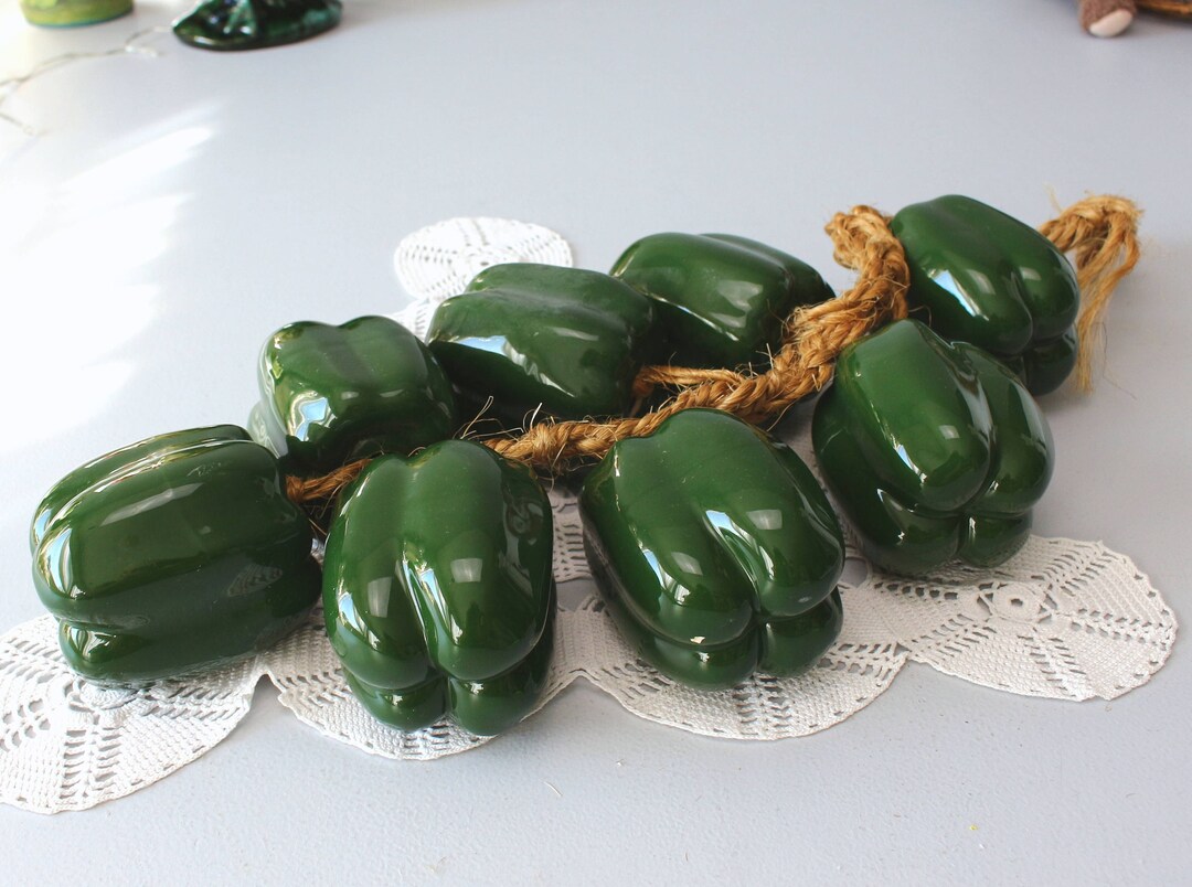 Vintage Ceramic Peppers, 8 Green Peppers on the Rope, Life-size Veggies ...