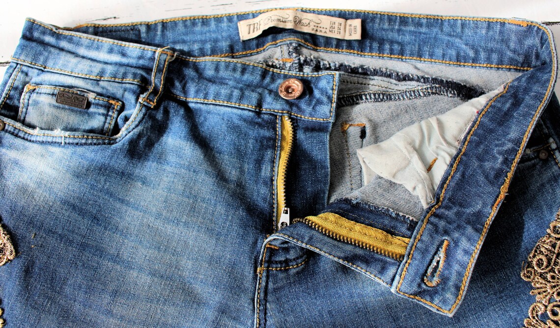 Blue Jeans Jeans & Gold Trim Gold Lace Trim Steetwear - Etsy