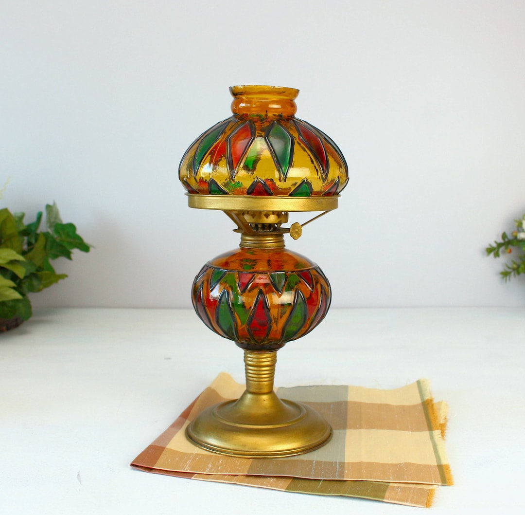 Antique Stained Glass Oil Kerosene Lamp, Diamond Colorful, Raised ...