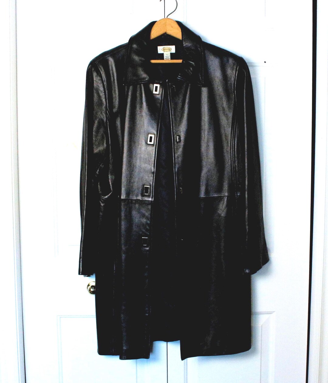 Vintage TALBOTS Black Leather Coat: Classic Metal Buttonholes, Size L ...