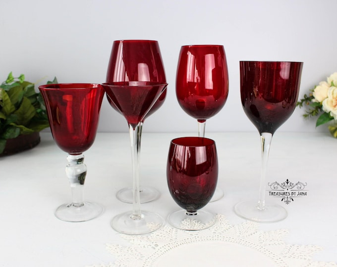 RUBY RED CRYSTAL Glasses, Mix Set of 6, Stunning Dark Red Vintage ...