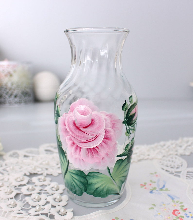Vintage Hand Painted Vase Glass Vase Pink Roses Small - Etsy
