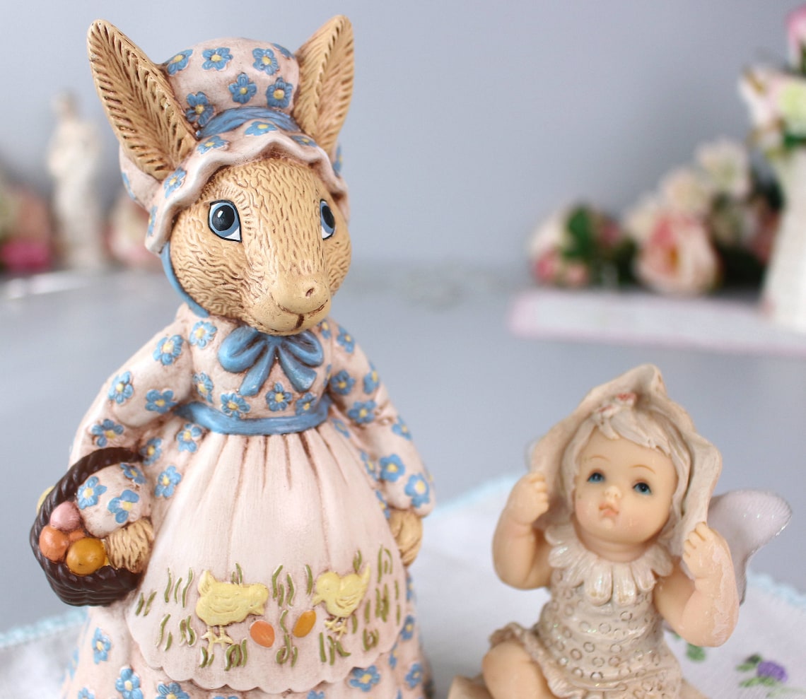 Vintage Rabbit & Thumbelina Figurines Ceramic Fairy Country | Etsy