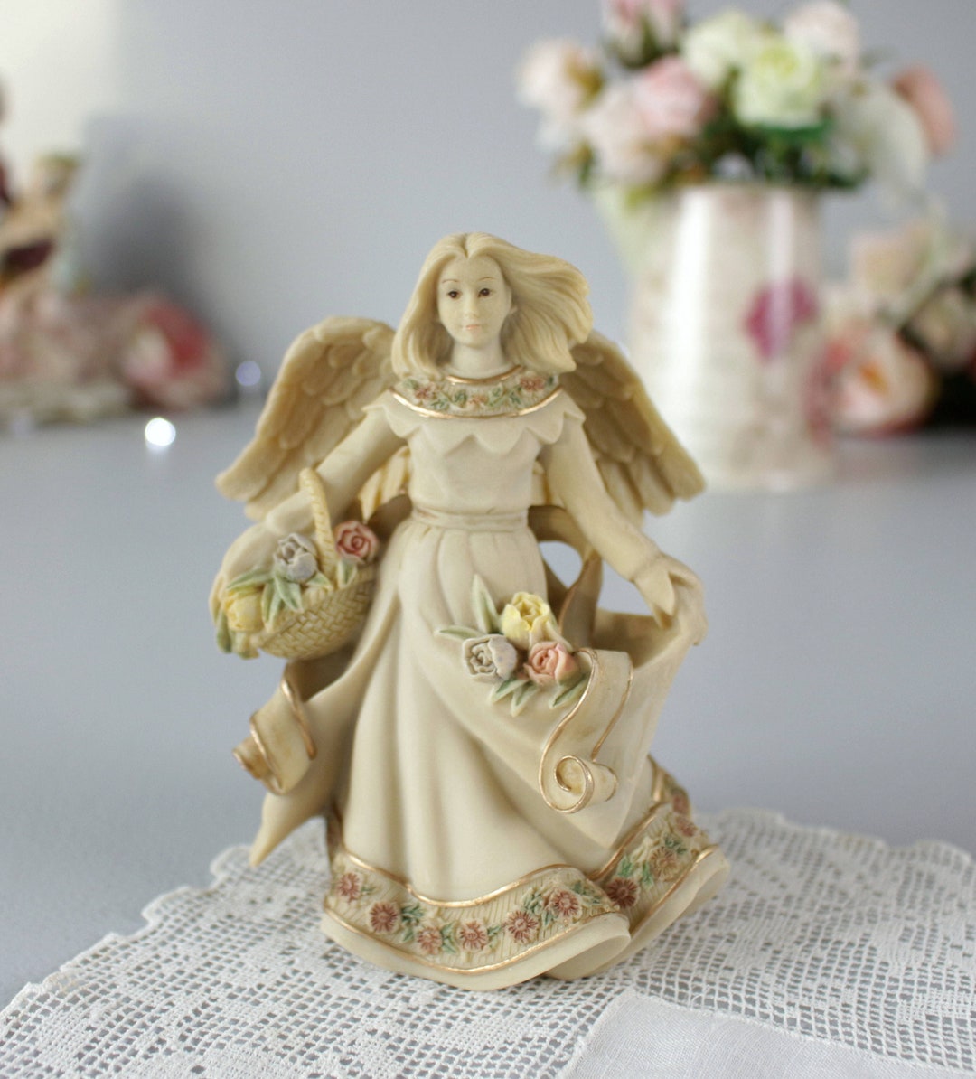 Sarah's Angels® Figurine, Angel With Flower Basket, Ivory Green Resin ...