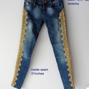 Blue Jeans, Jeans & Gold Trim, Gold Lace Trim, Steetwear, Skinny Tight ...