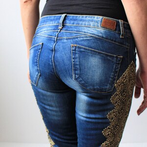 Blue Jeans, Jeans & Gold Trim, Gold Lace Trim, Steetwear, Skinny Tight ...