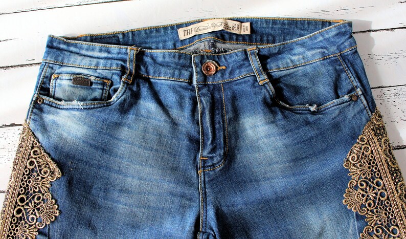 Blue Jeans Jeans & Gold Trim Gold Lace Trim Steetwear - Etsy