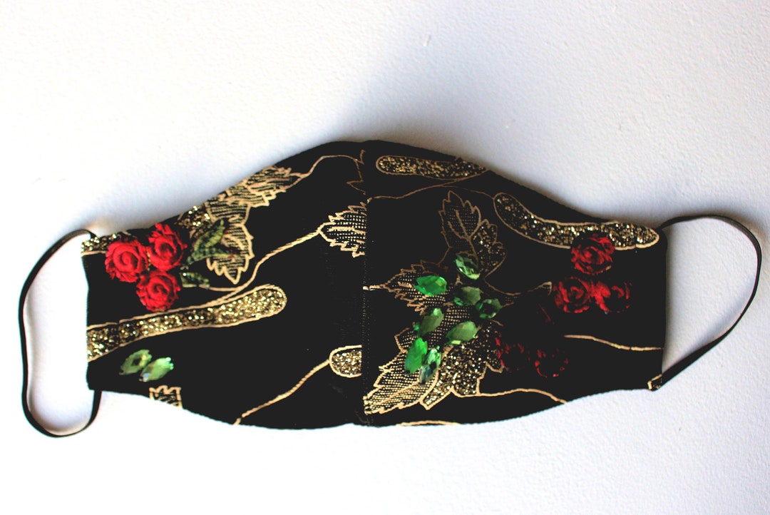 Rhinestone Embellished Face Mask: Black Gold Leaves, Burgundy Roses - Etsy