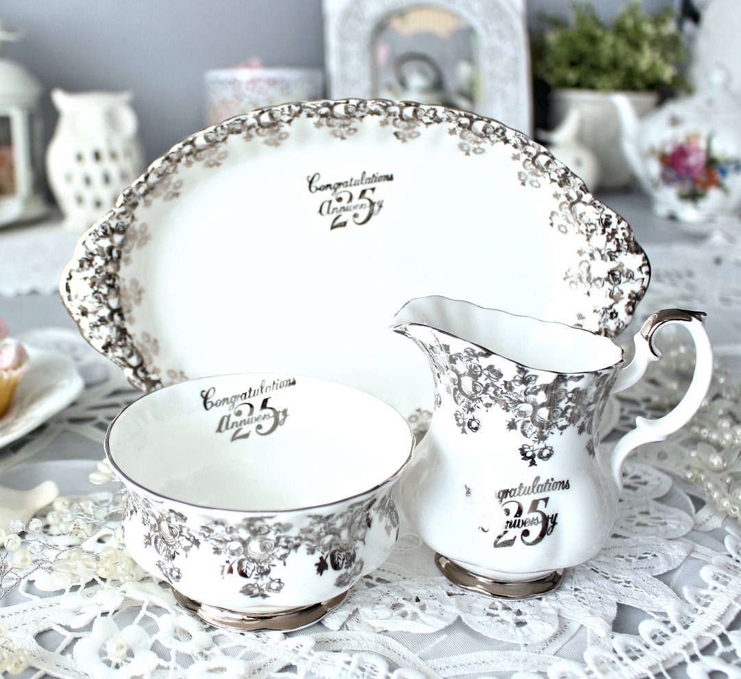 ROYAL ALBERT 25th Anniversary Cream, Sugar, Tray Set, England, Silver ...