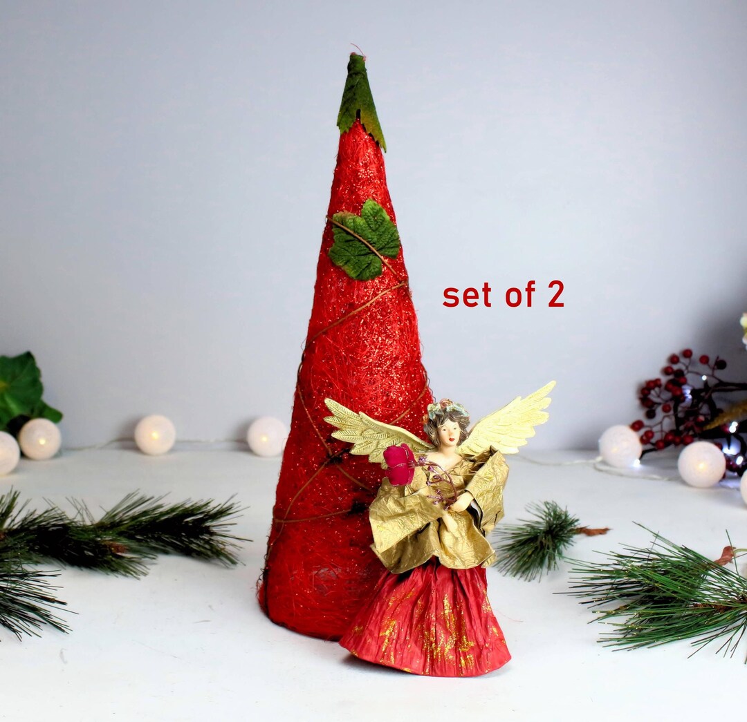 Christmas Glitter Red Cone Tree & Angel, Sisal Tree Cones Woven Glitter ...