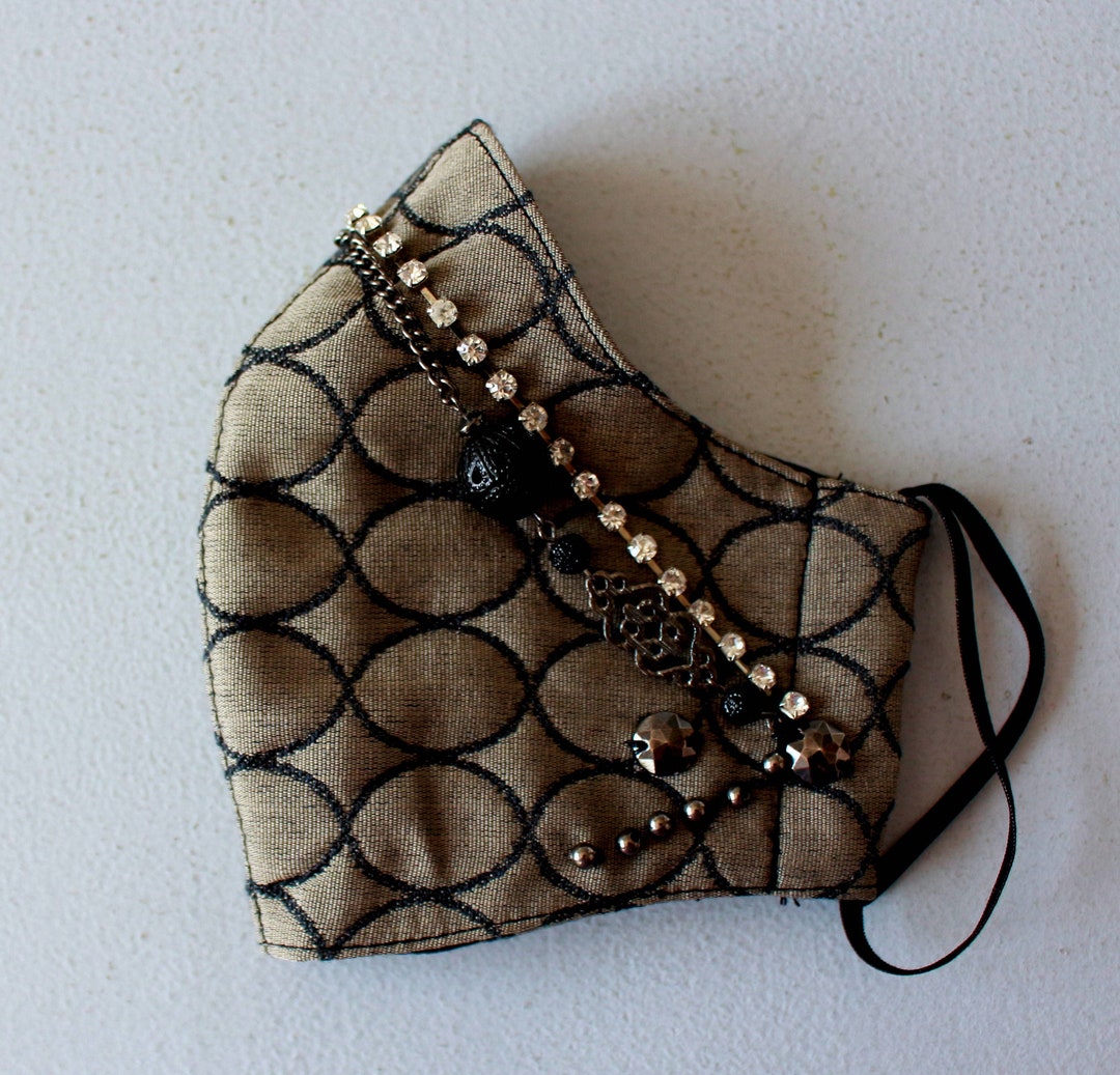 Fancy Face Mask, Rave Gray & Black, Metal Rhinestones Chains, Stitched ...