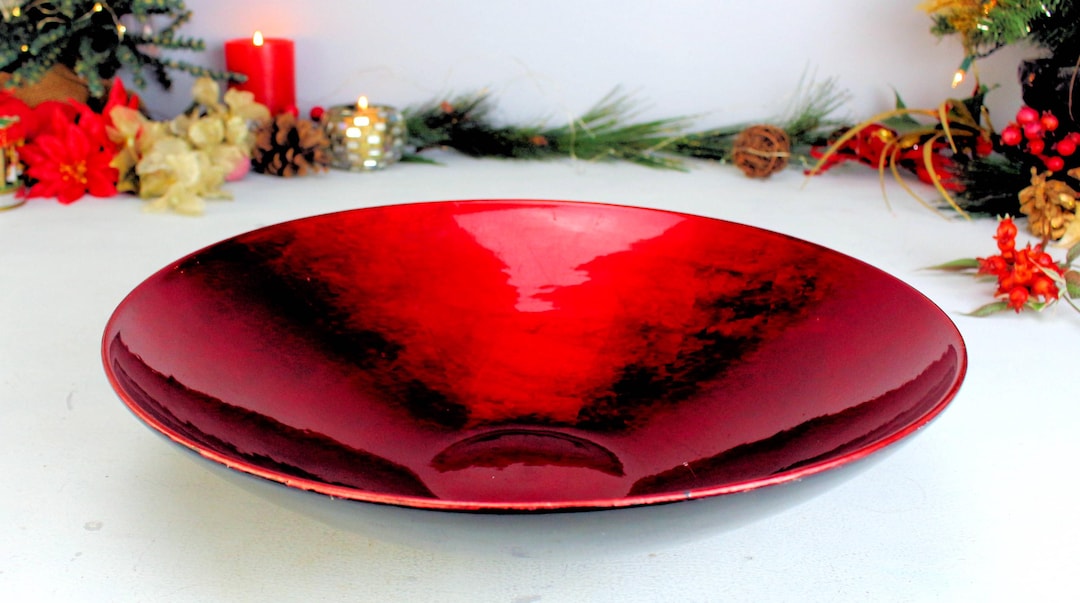 RED Bowl, 14" Large Glass Plate, Christmas Red Décor, All Year ...