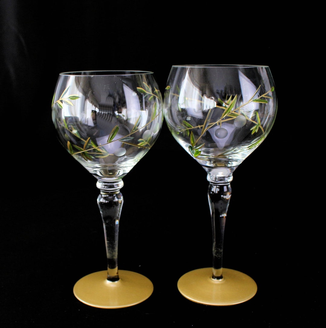 Crystal Large Wine Glasses, Etched Wheel Cut Olive & Leaf Design ...