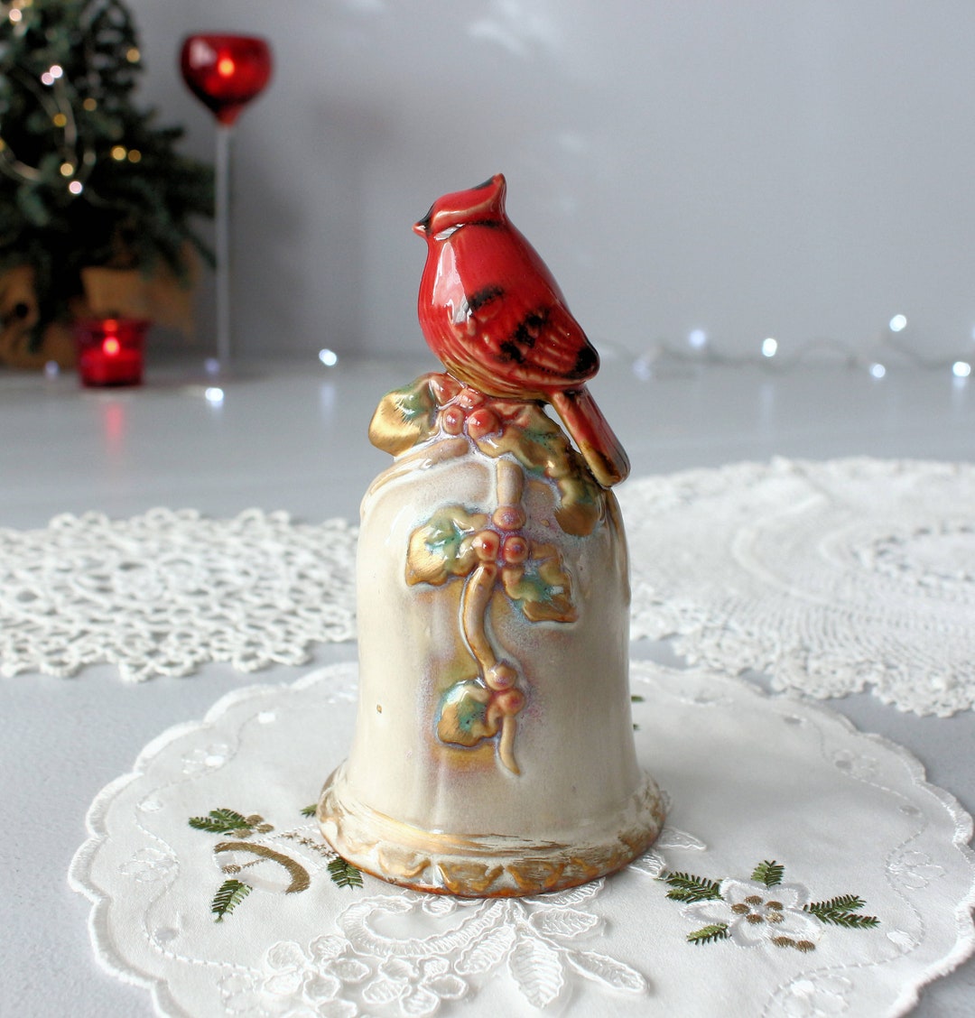 Vintage Bell, Red Cardinal Ceramic Bell, Red Brown Christmas Decoration ...