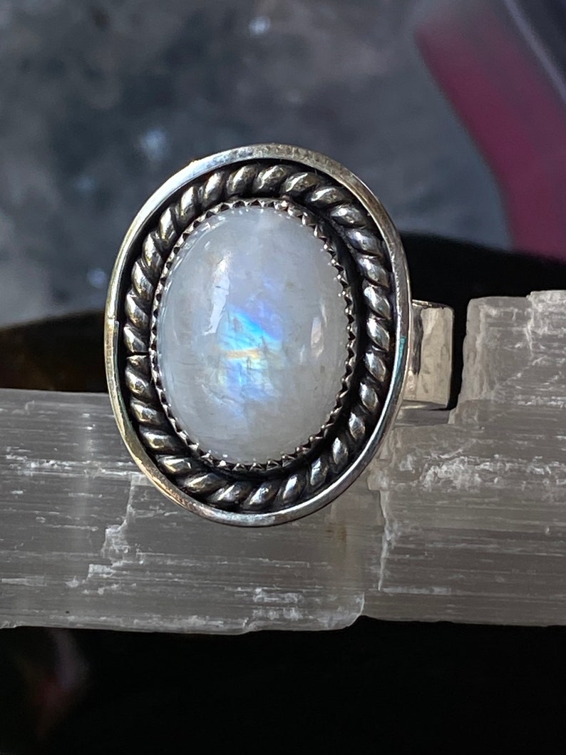 Moonstone Shadow Box Ring // Textured Metal Band // Handmade Sterling ...