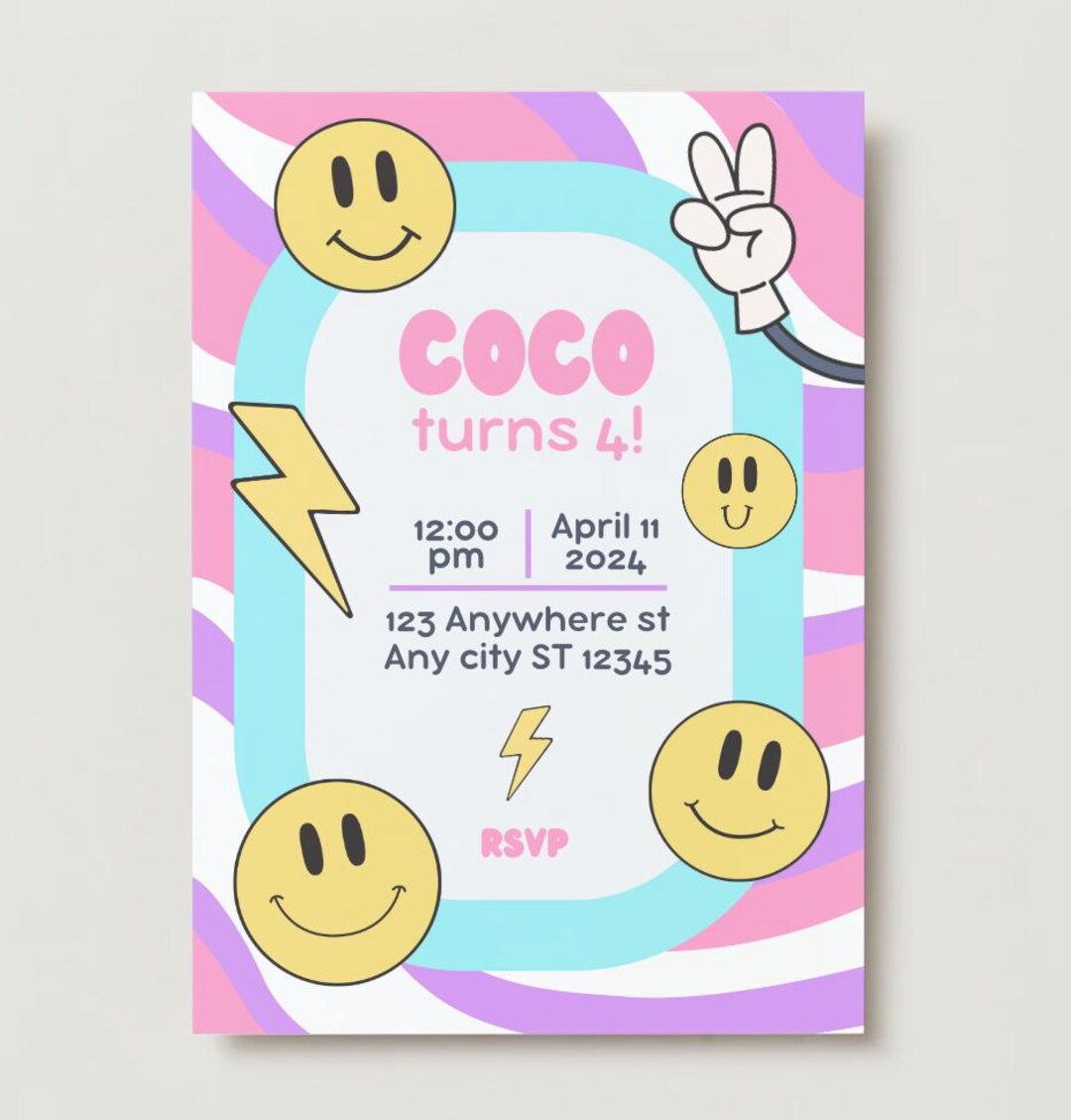 Smiley Groovy Party Invitation Template | Canva Editable | Purple, Pink ...