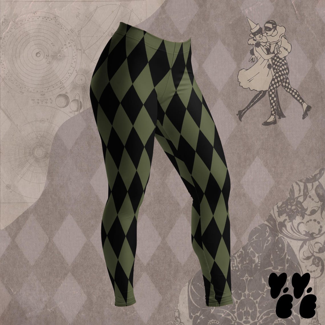 HARLEQUIN DIAMOND Leggings - Olive Green / Retro Circus Theme, Crown ...
