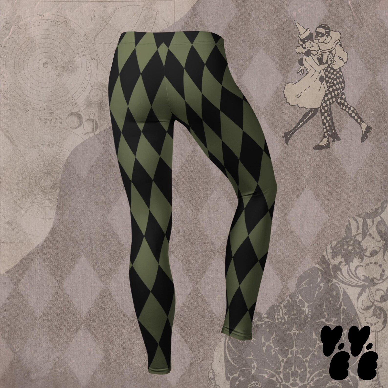 HARLEQUIN DIAMOND Leggings - Olive Green / Retro Circus Theme, Crown ...