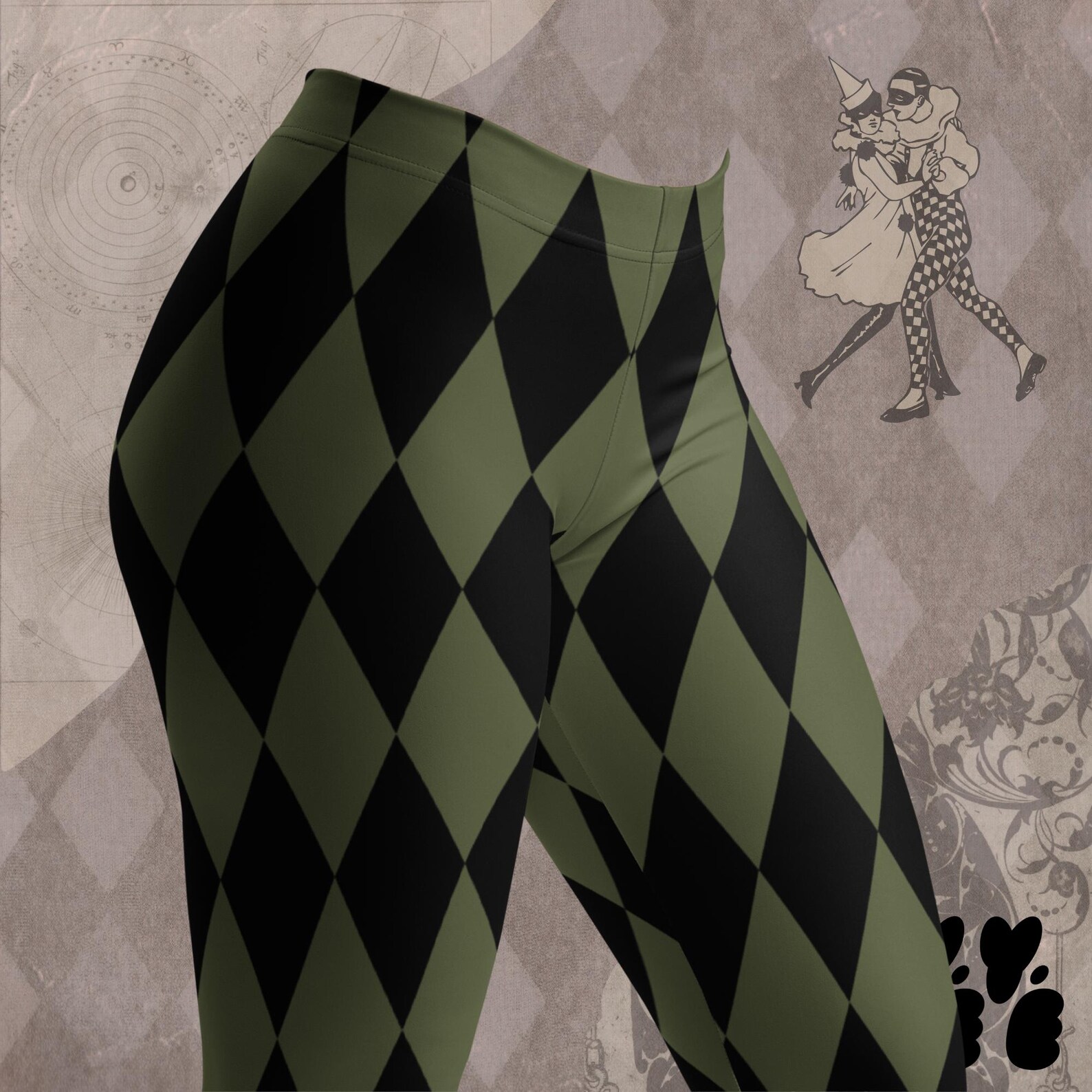 HARLEQUIN DIAMOND Leggings - Olive Green / Retro Circus Theme, Crown ...