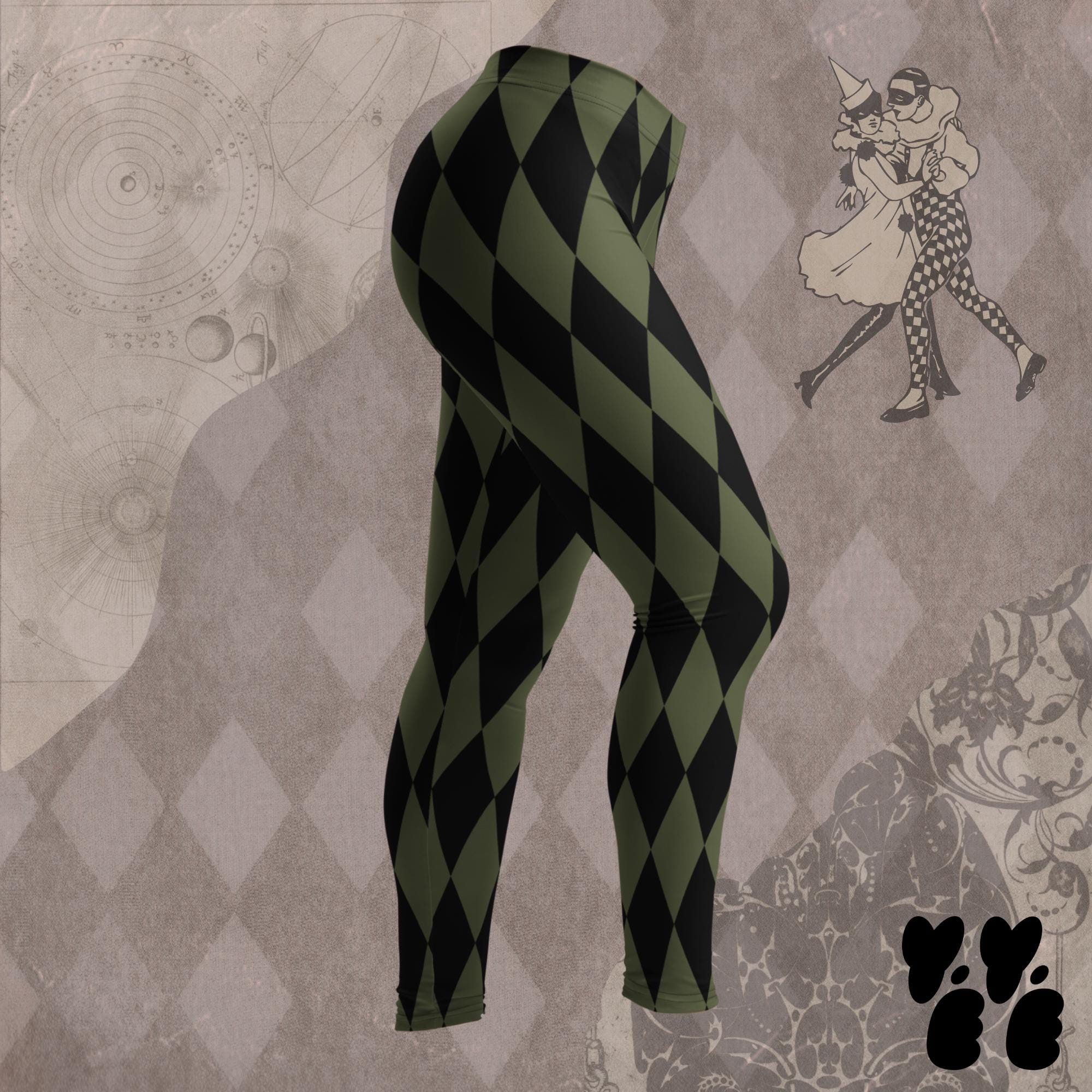 HARLEQUIN DIAMOND Leggings - Olive Green / Retro Circus Theme, Crown ...