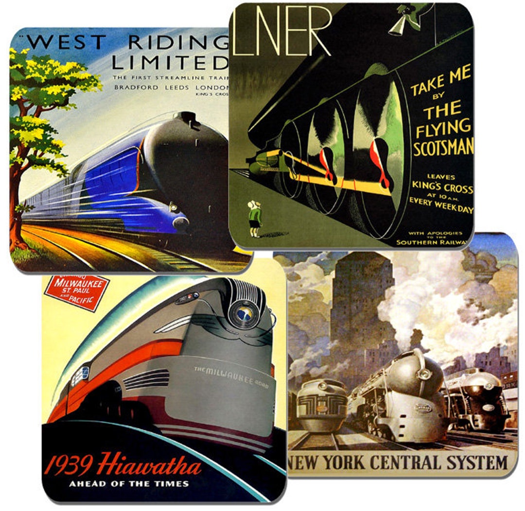 Art Deco Railway Locomotive Poster Coasters Set of 4. High Quality Cork ...