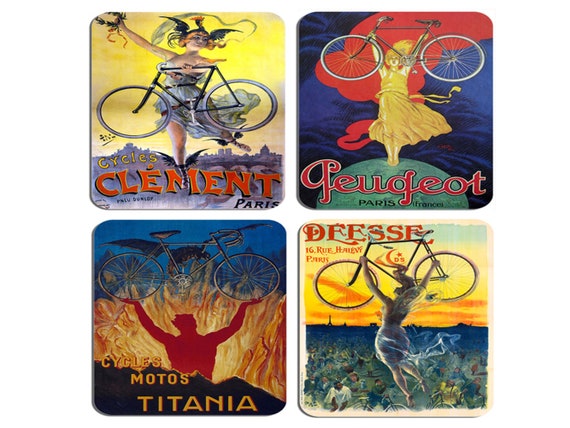 Vintage French Bicycle Drinks Coasters Set Of 4. High Quality Cork Backed Classic Cycle Advertising Poster Bike Gift Clemont Titania