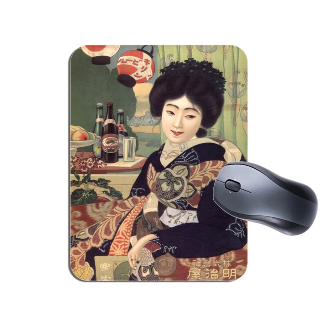 Vintage Japanese Beer Advertisement Mouse Mat Mousepad. Kimono Woman ...