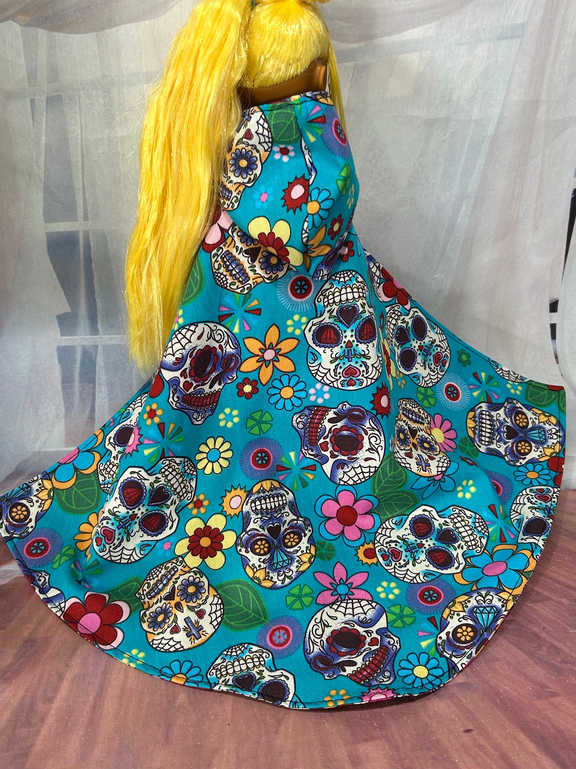 Sugar Skull Doll Cape - Turquoise and Pink Reversible Sugar Skull Doll ...