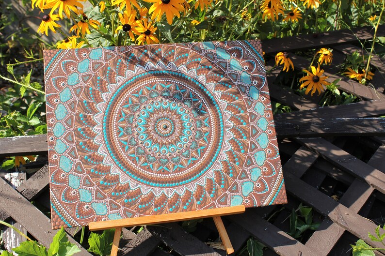 Teal, Brown, and Gold Dot Mandala Original Acrylic 11"x18" Painting - Etsy