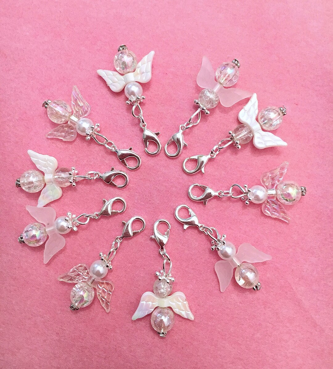 10 White Iridescent, Mixed Pearl Angels With Carabiner Hook, Handmade ...