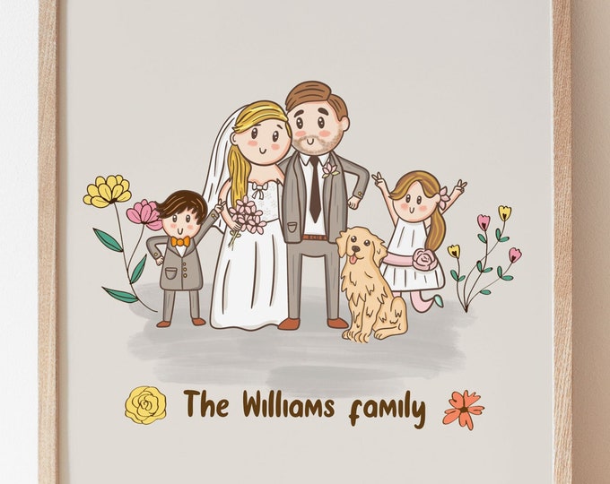 Custom Family Portrait With Pets, Cute Custom Cartoon Drawing ...