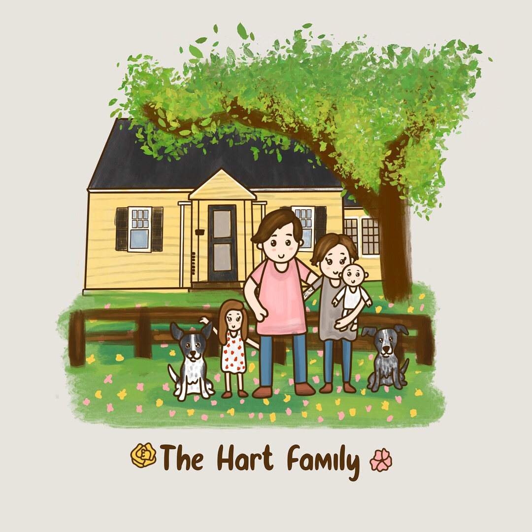 Custom Family Cartoon Portrait Illustration With Dogs and Personalized ...