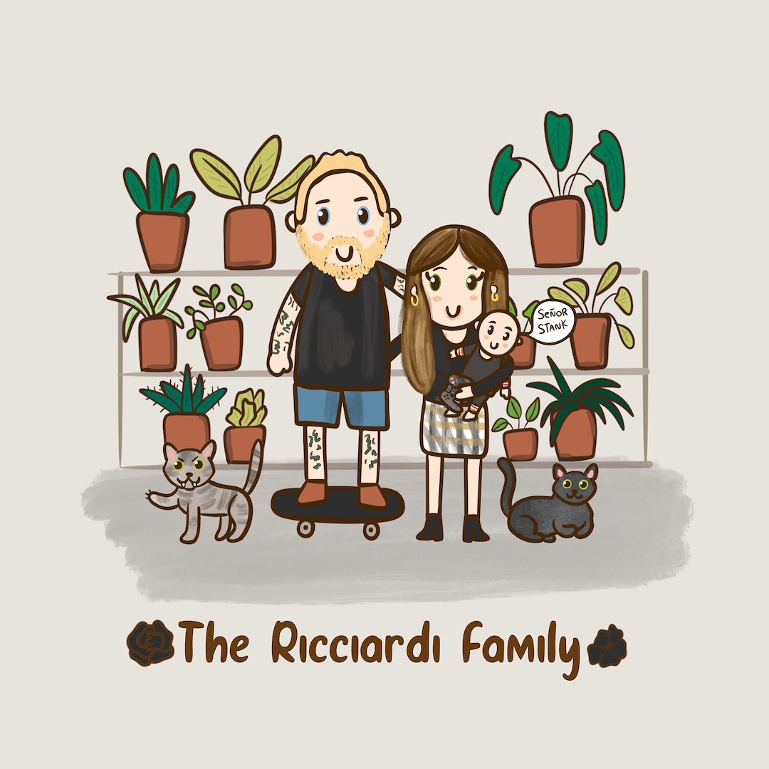 Custom Punk Rock Family Portrait Drawing Illustration With Baby, Cats ...