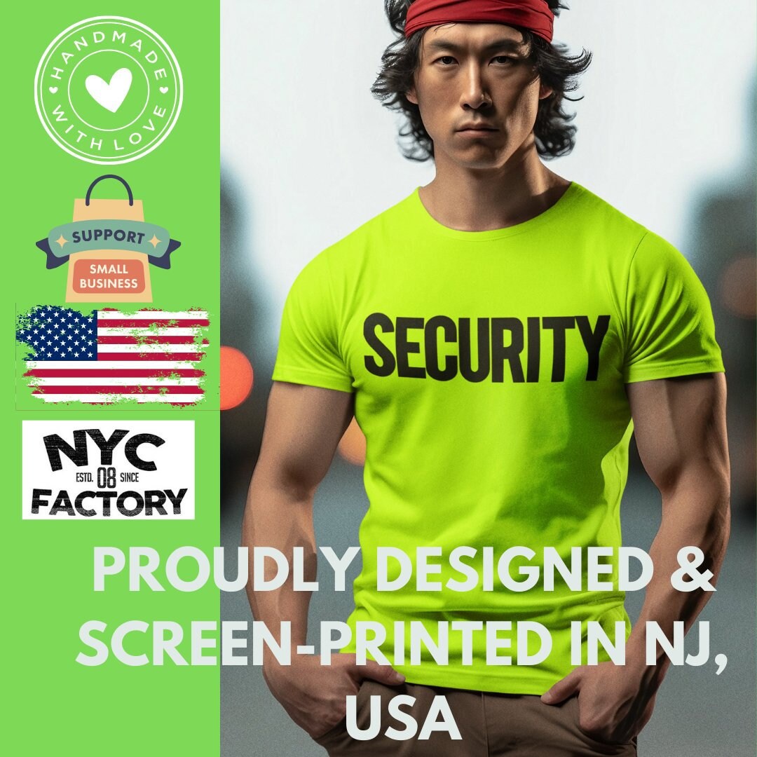 Men's Security T-shirt Front Back Print Tee Staff Event (safety Green ...