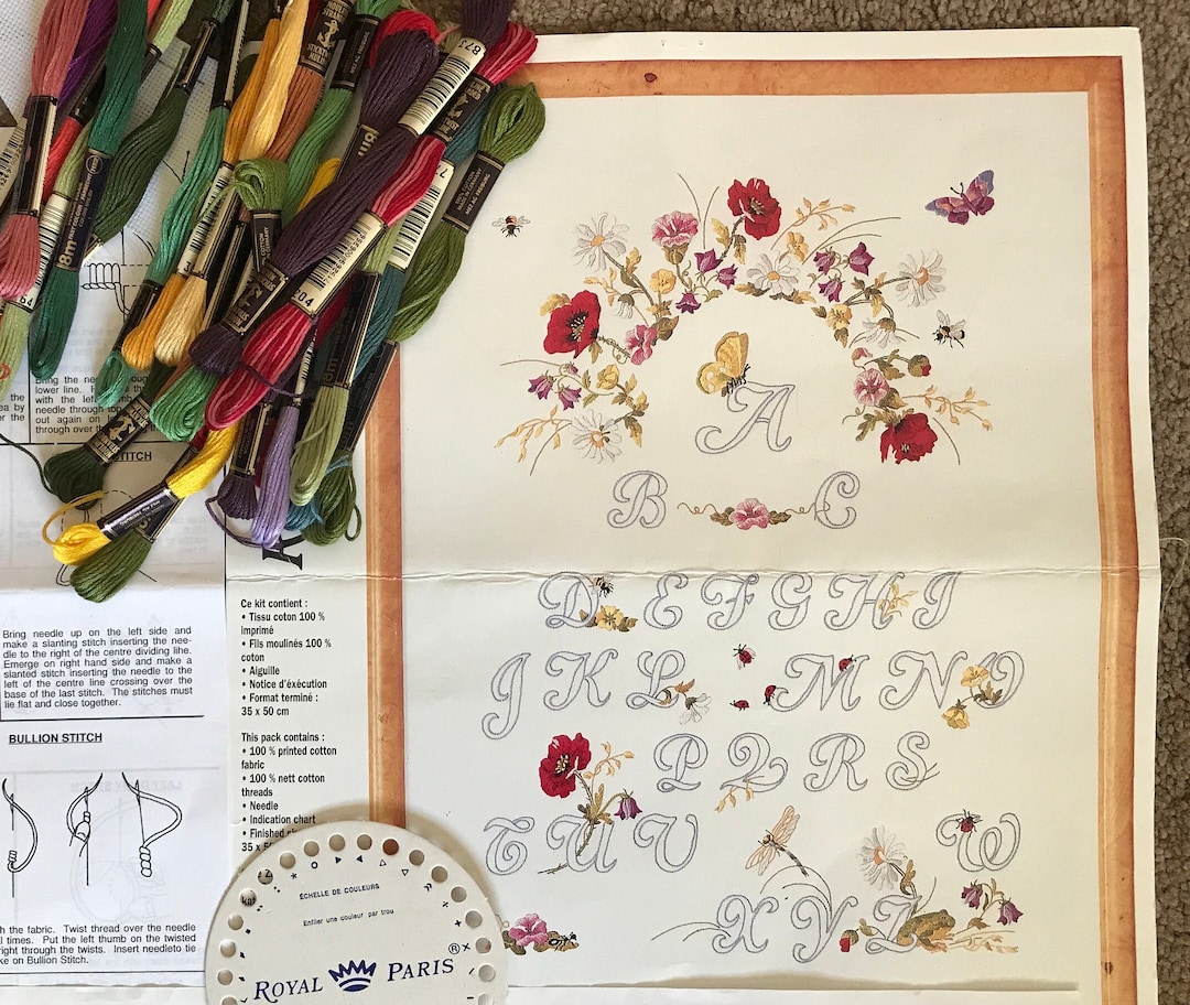 Floral Alphabet Sampler Embroidery Kit. Approx. 35cm X 50cm. Preowned ...