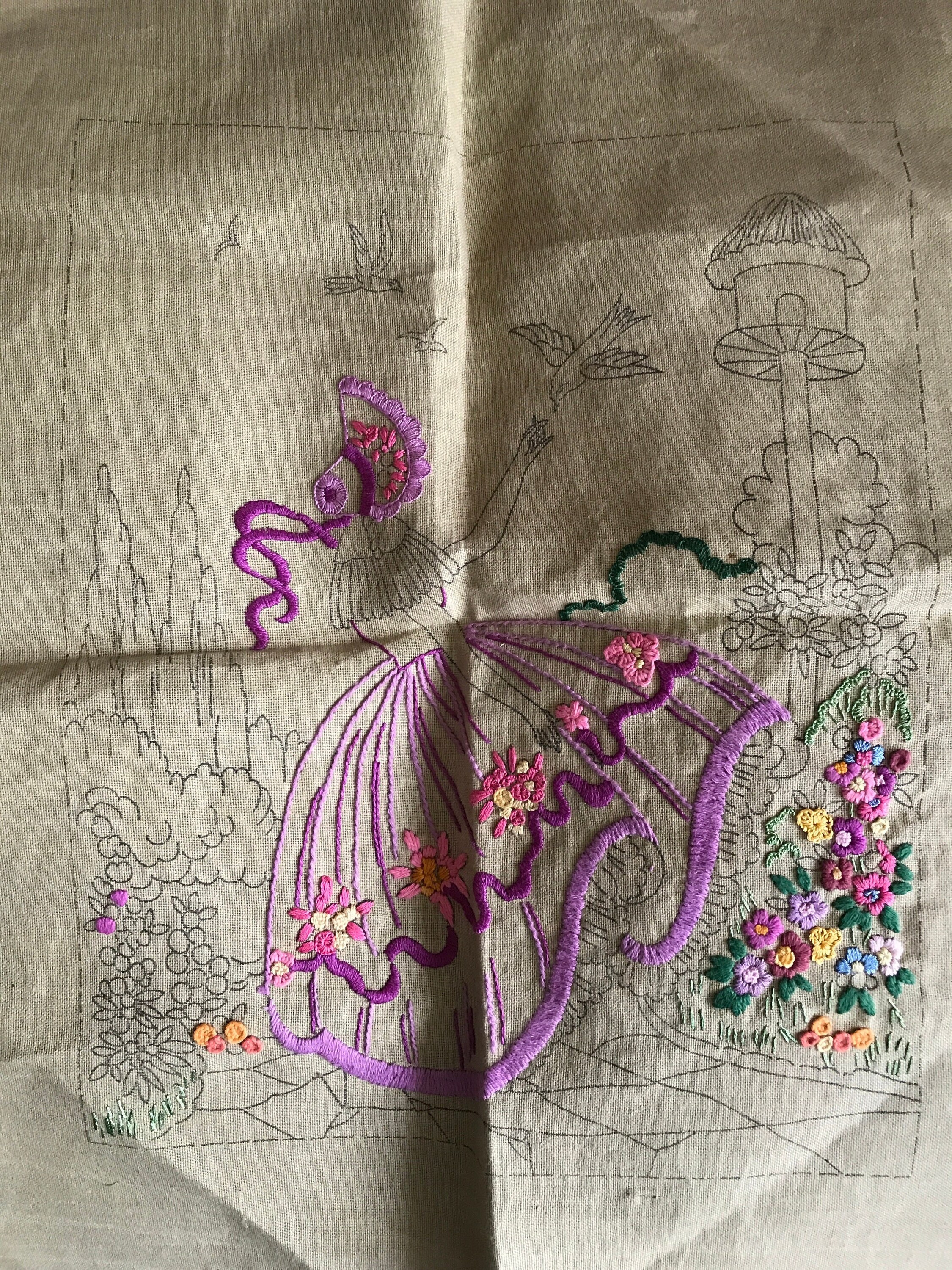 Vintage Piece of Unfinished Embroidery. Crinoline Lady in Garden With ...