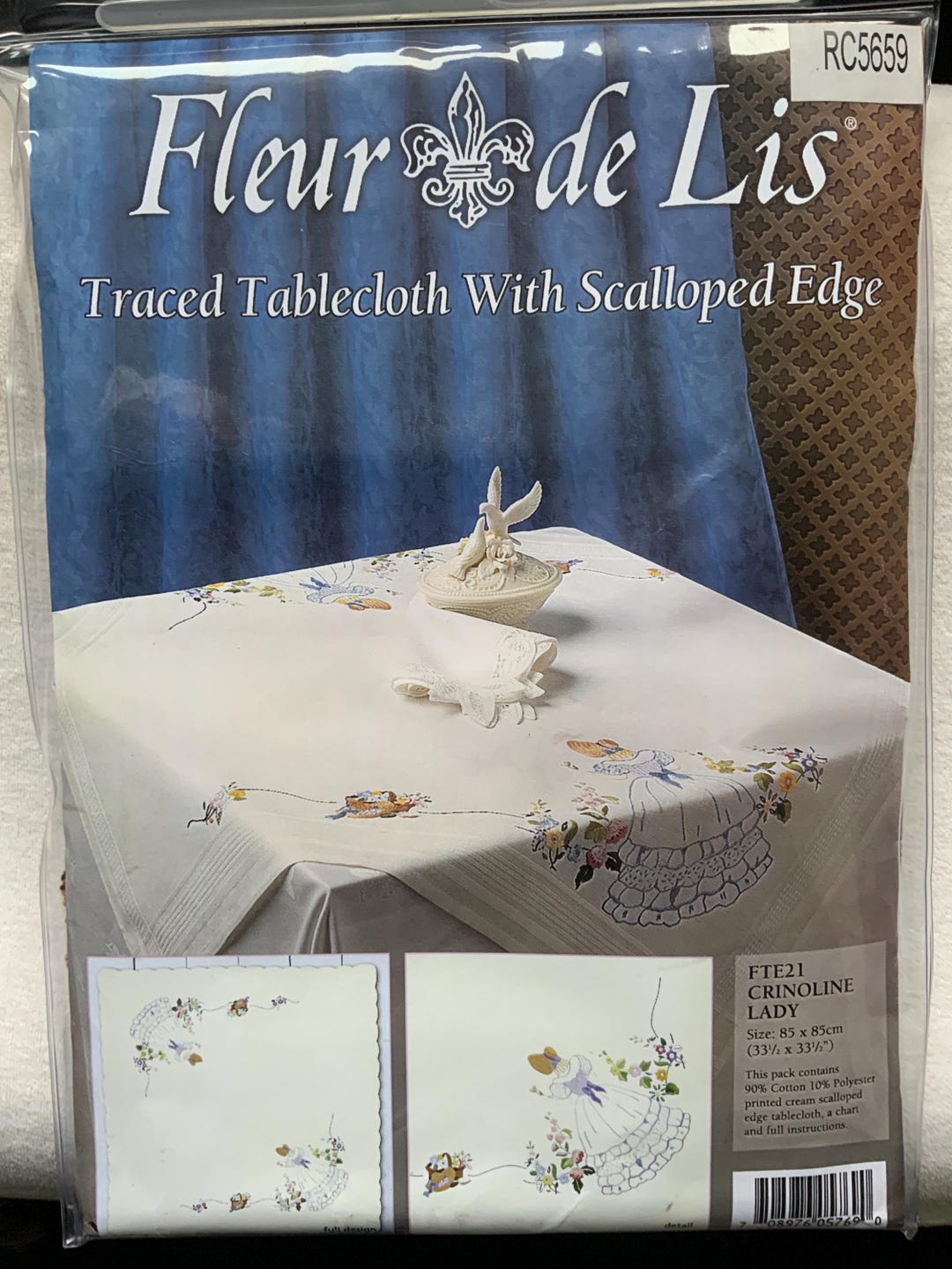 Tablecloth with a stamped Crinoline lady design and flowers for ...