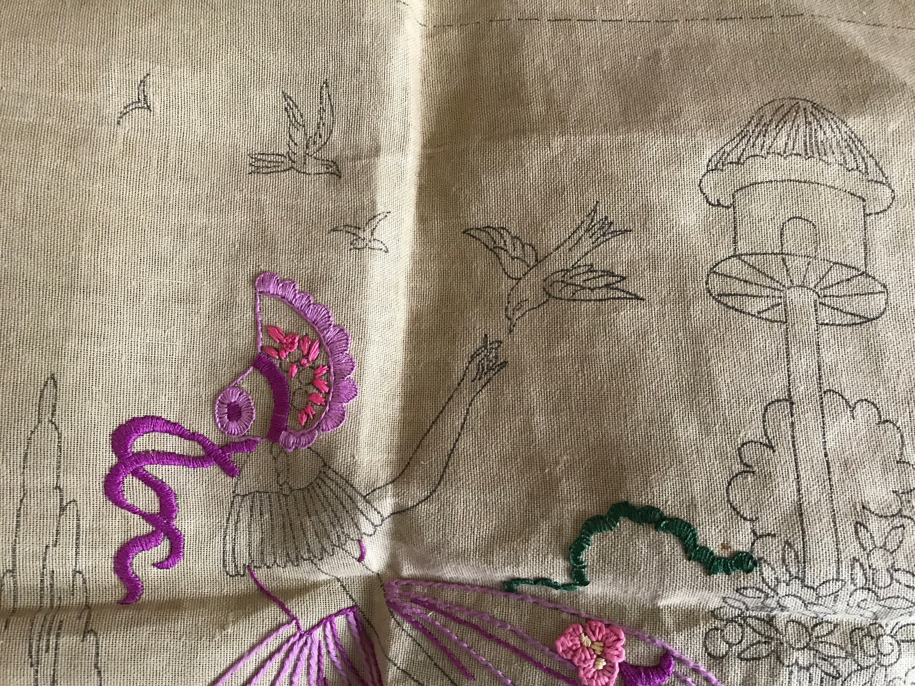 Vintage Piece of Unfinished Embroidery. Crinoline Lady in Garden With ...