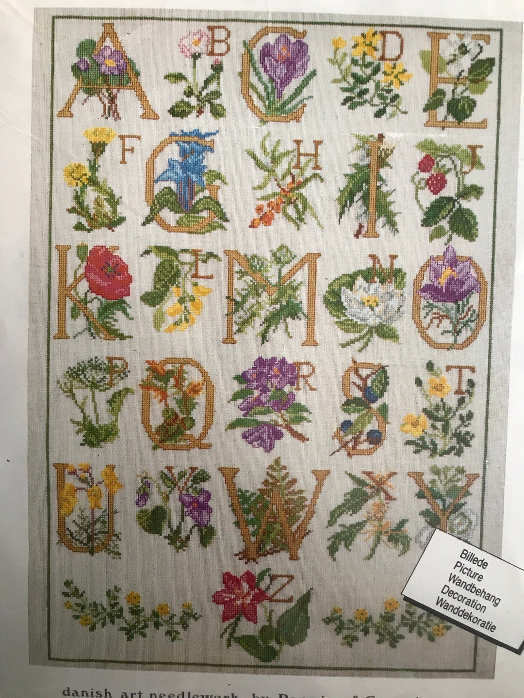 Vintage Flower Alphabet Cross Stitch Kit, Permin Linen Sampler (50x70 ...