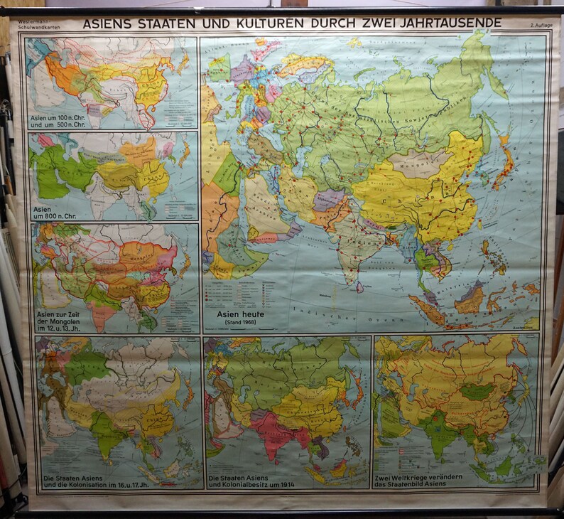 Vintage Wall Chart Map of Asia Nations and Culture Through Two Millenia ...