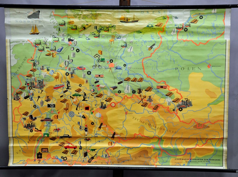Vintage Rollable Wall Chart Poster Geographical Map Germany Industry ...